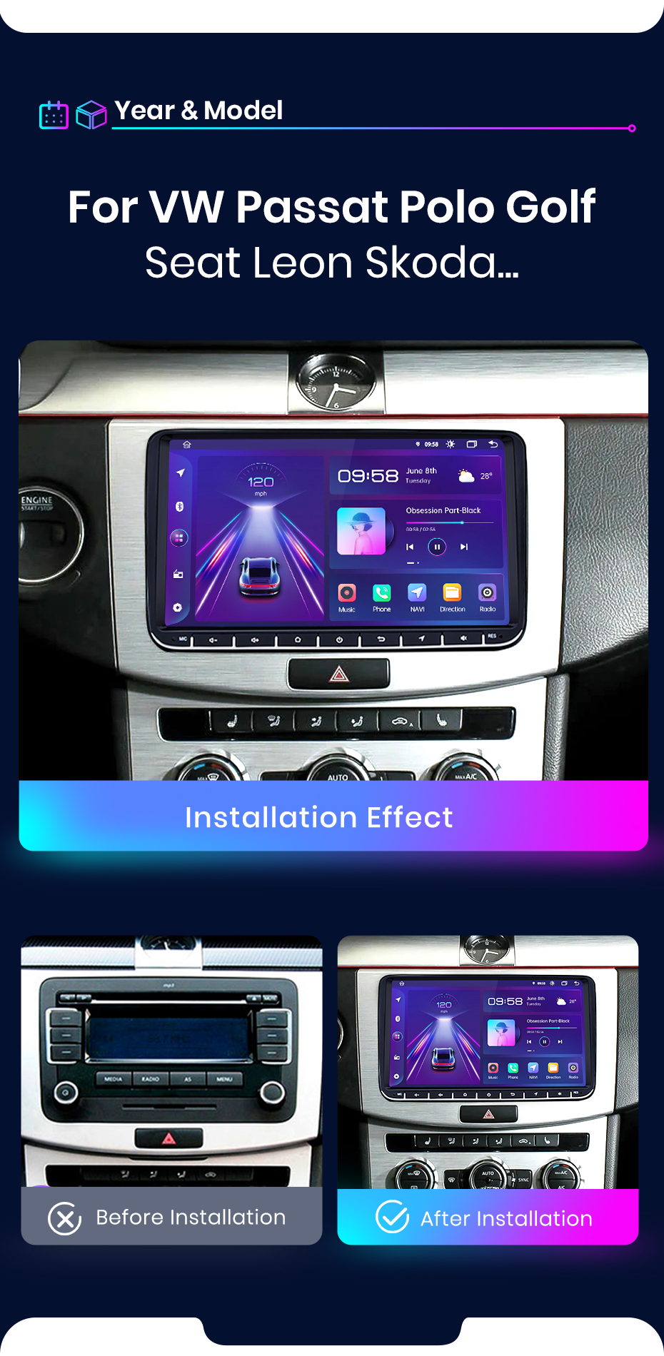 Junsun 9" Android 12 inalámbrico CarPlay Android Auto Radio para Volkswagen VW Passat B6 B7 CC ...