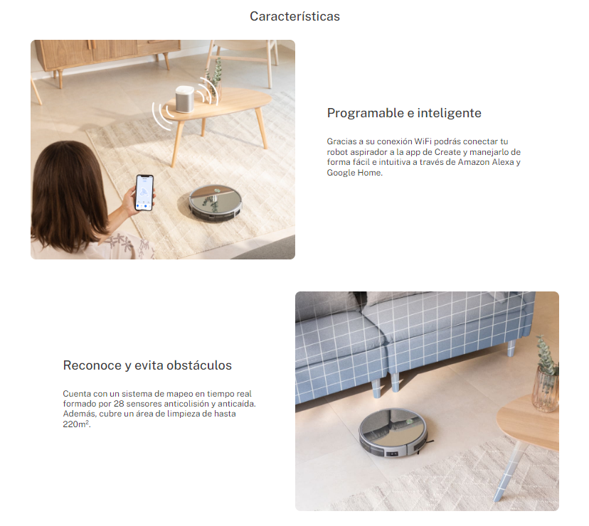 CREATE - Robot Aspirador Friegasuelos Inteligente 4000Pa, WiFi, 28 ...