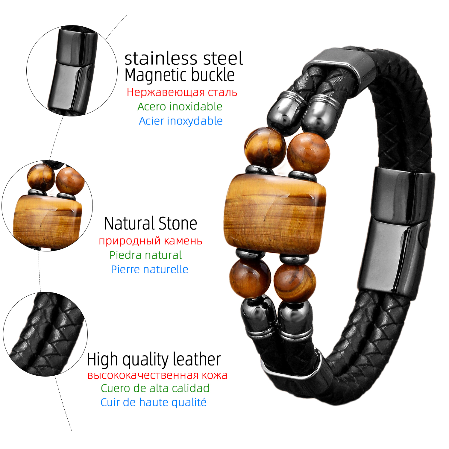 Pulsera de Ojo de Tigre Natural YANMIN para Hombres Pulsera de Cuero ...