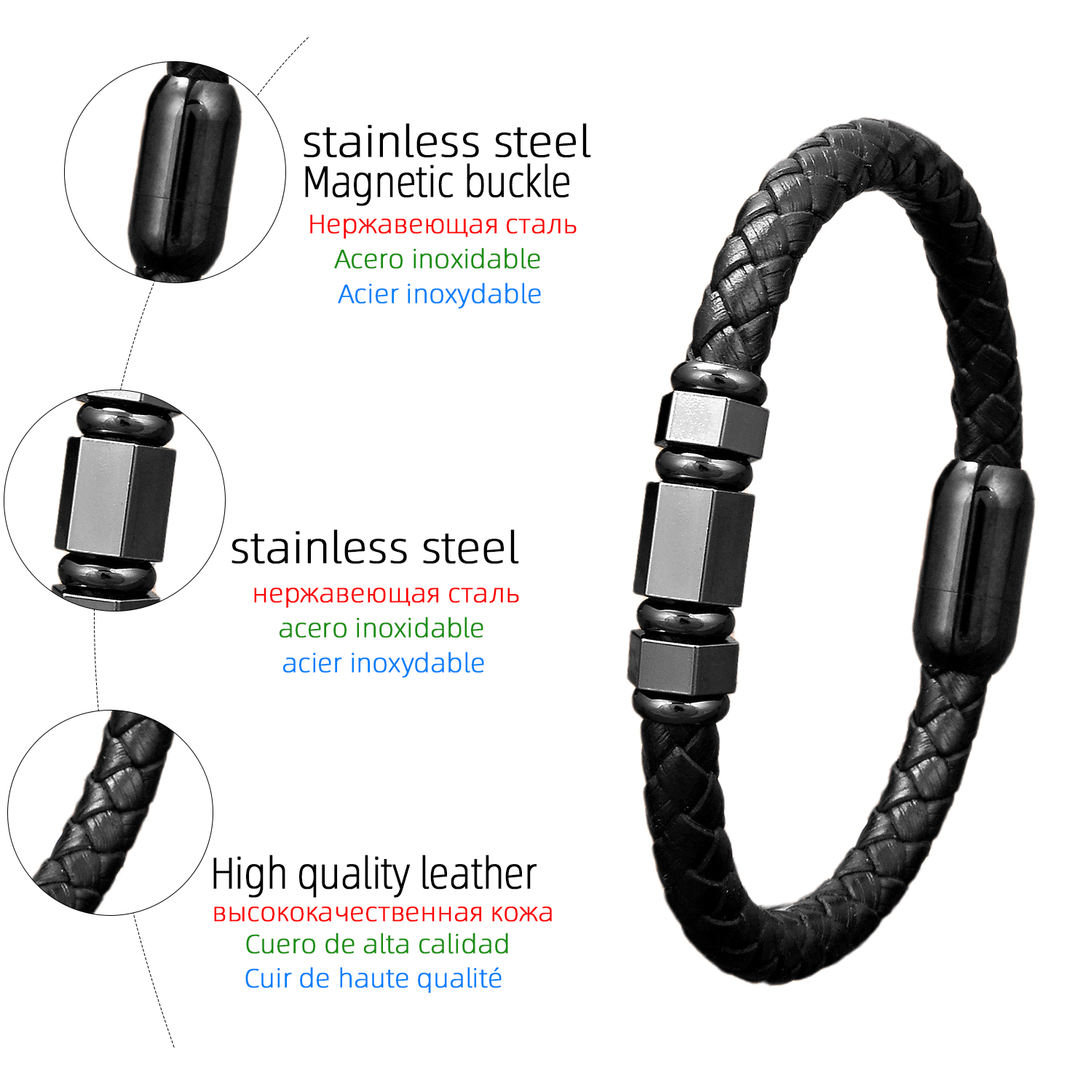 Pulsera de Cuero Genuino y Acero Inoxidable YANMIN Clásica para Hombres ...