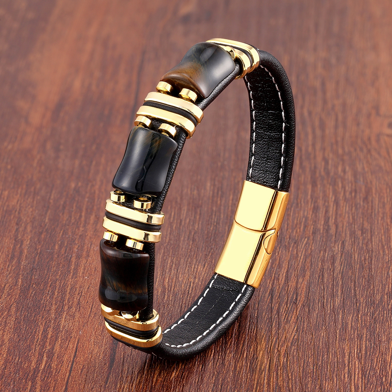 Pulsera de Tigre Ojo YANMIN con Cadena de Cuero Negro Pulsera de Moda ...