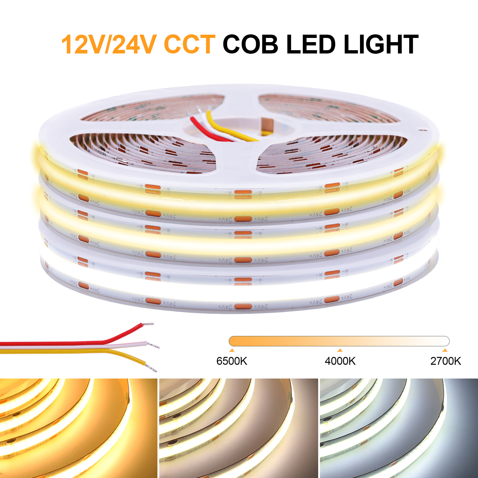 Tira De Luces Led Cct Cob Cinta Flexible De Alta Densidad 24v 12v