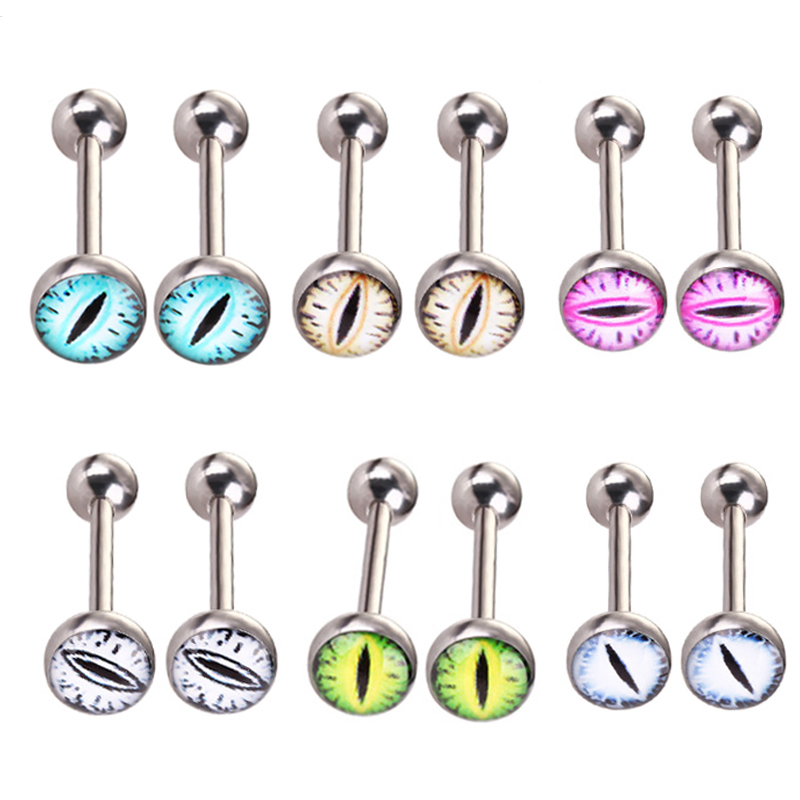 2 piezas 1,6*16mm punk los ojos de serpiente logo lengua piercing barbell bares piercing lengua ...