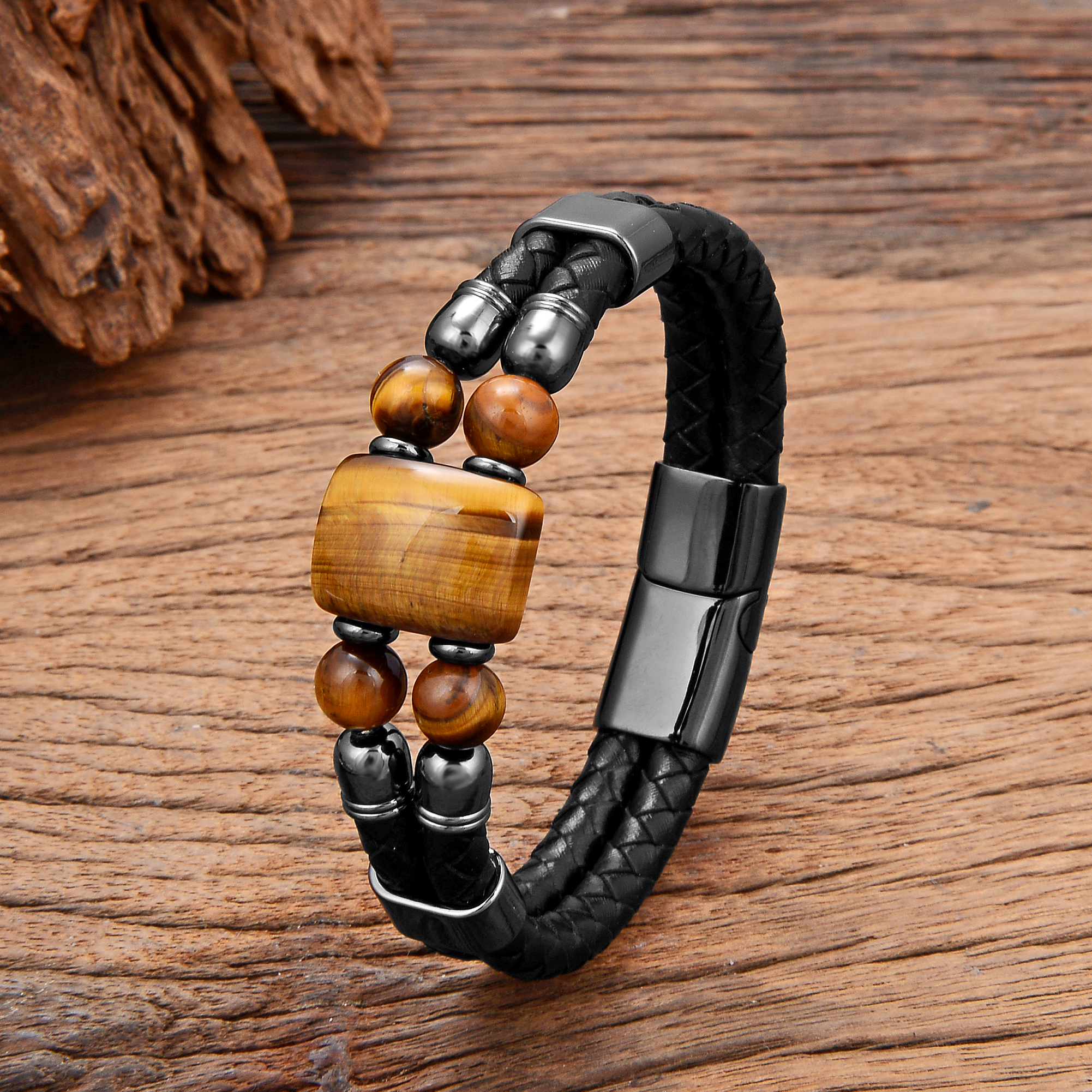 Pulsera de Ojo de Tigre Natural YANMIN para Hombres Pulsera de Cuero ...
